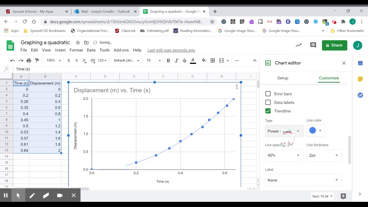Graphing an accelerating object in Google Sheets Lab 4