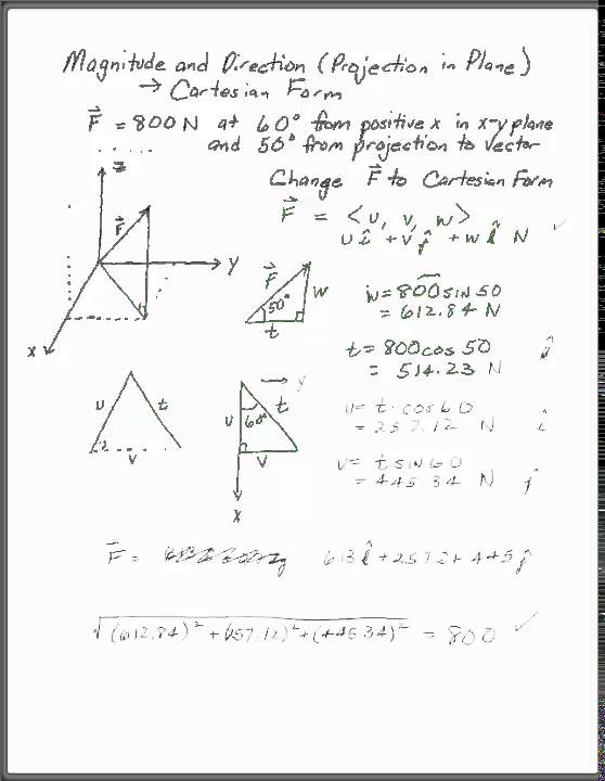 Magnitude and Direction with Projection in a Plane to Cartesian Form