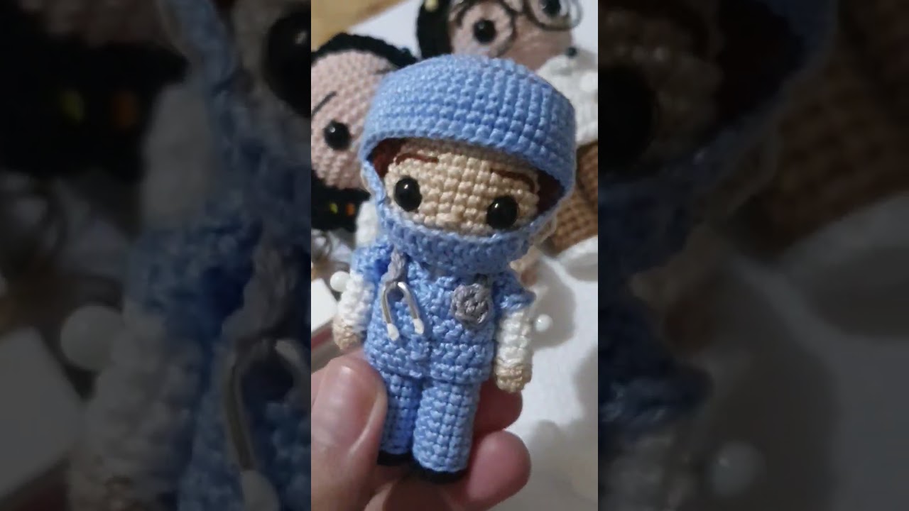 chibi amigurumi doctor doll wearing scrub suit