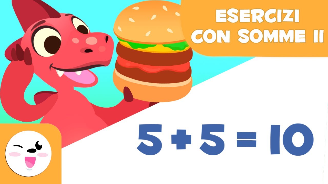 Esercizi di addizioni per bambini - Impara le addizioni Dino e gli hamburger - Matematica