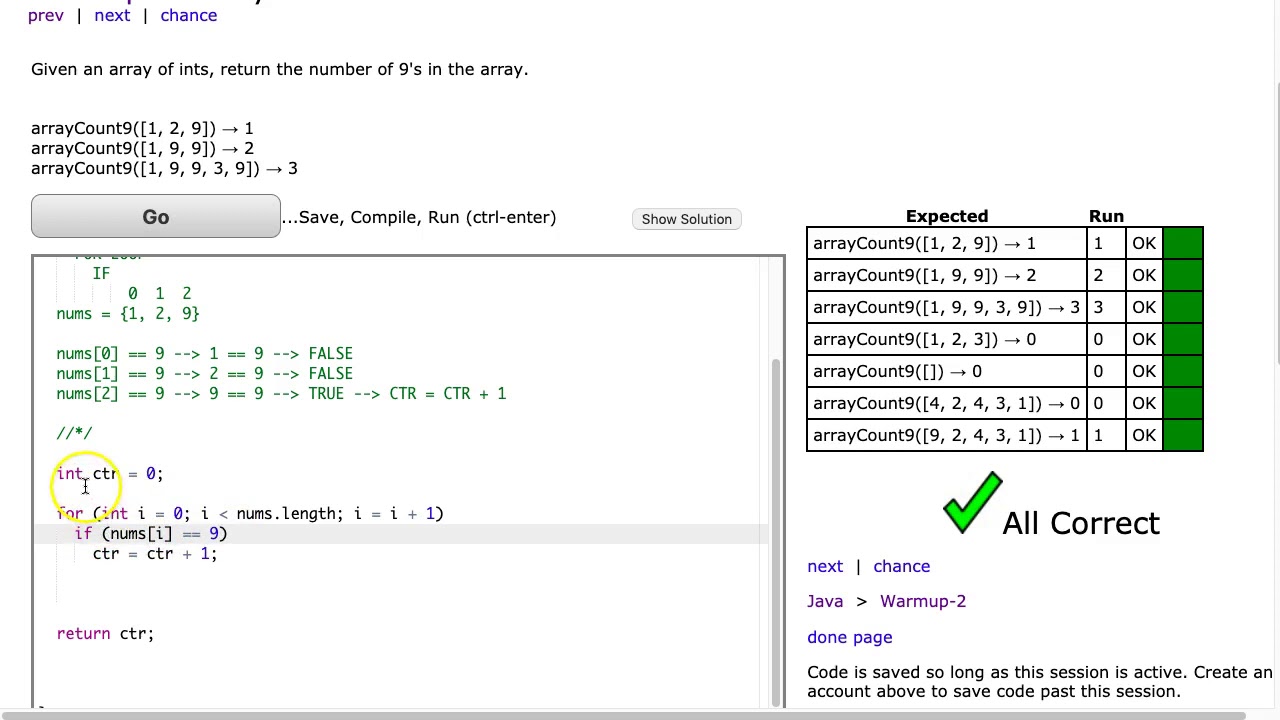 Codingbat - arrayCount9 (Java)