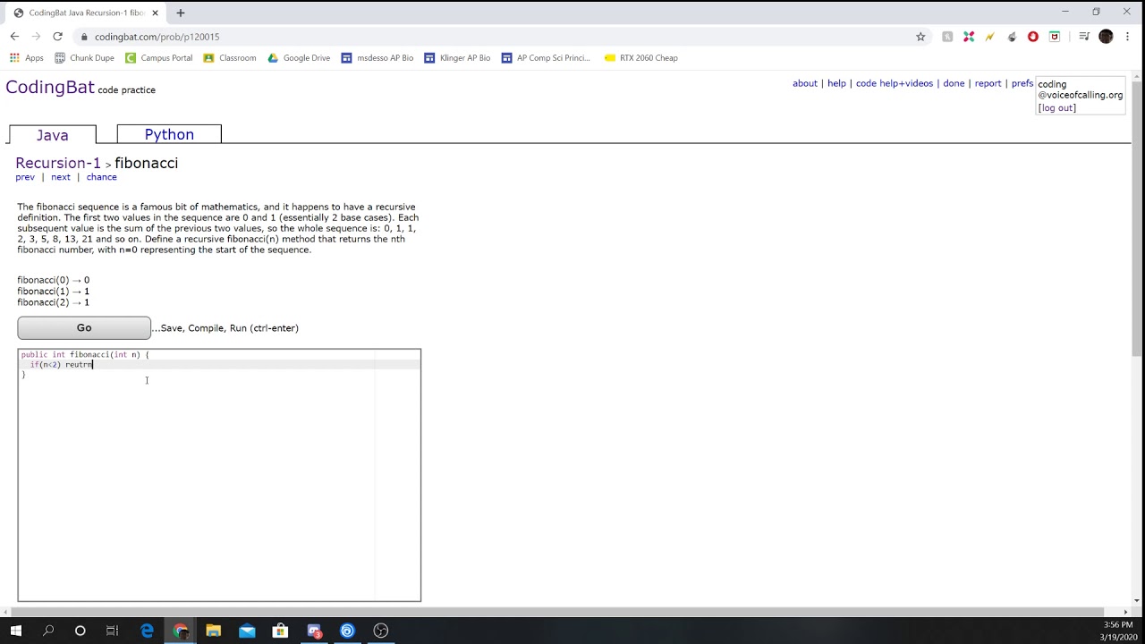 Recursion-1 (fibonacci) Java Tutorial || Codingbat.com