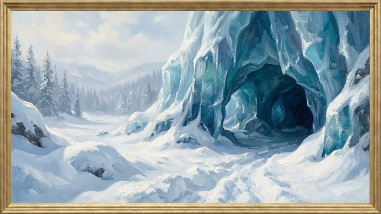 Ice Cave Winter Entrance | Framed Art TV Wallpaper 4K | Oil Painting | 2 Hours