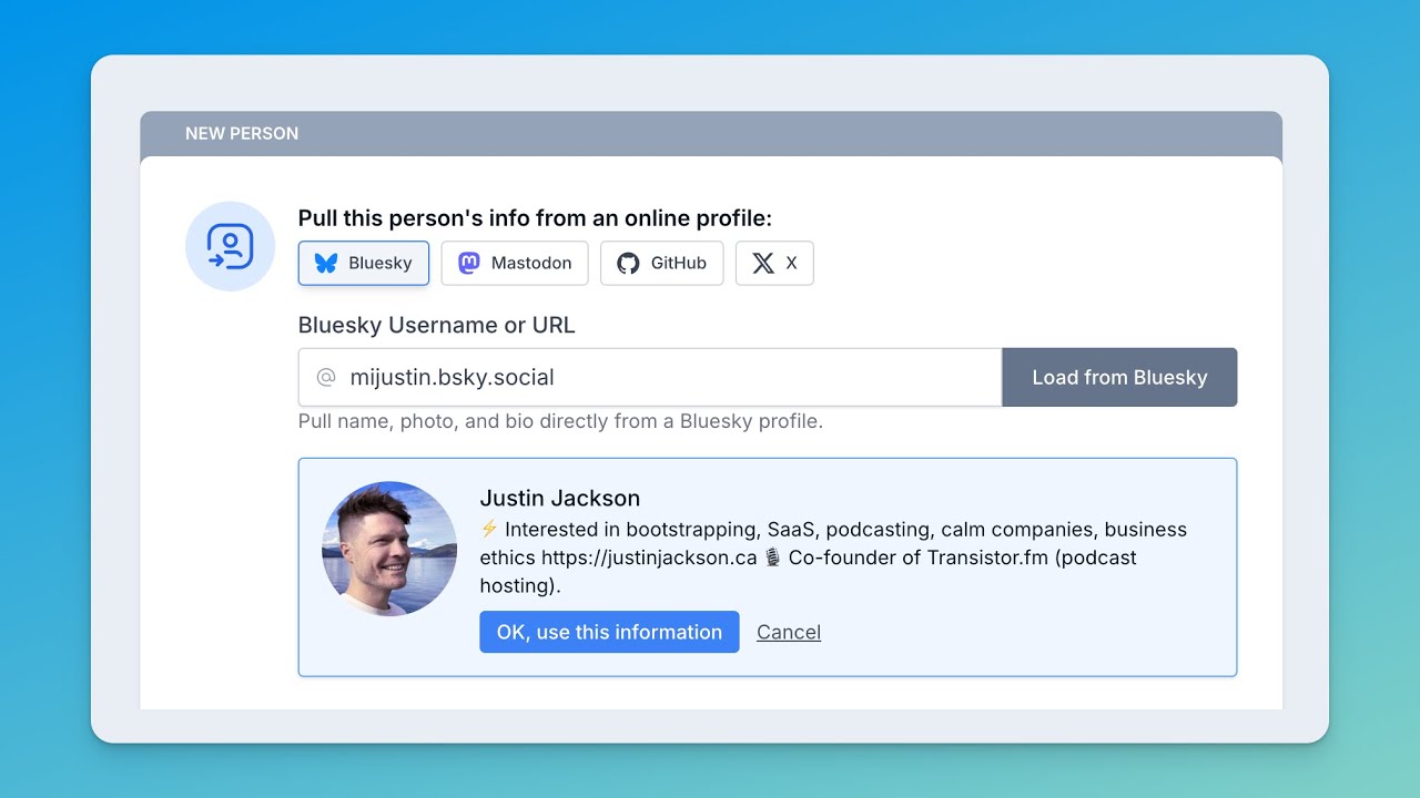 Add podcast guest credits from Bluesky, GitHub, and more