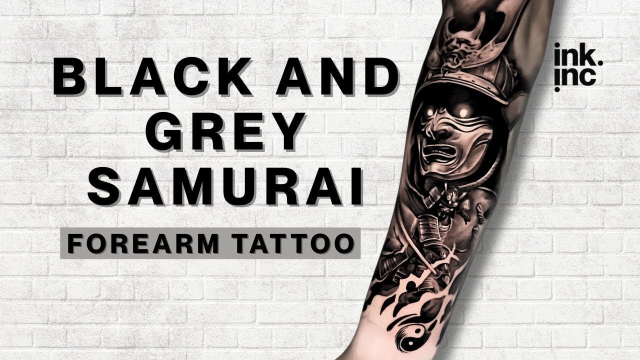 BLACK AND GREY SAMURAI FOREARM TATTOO