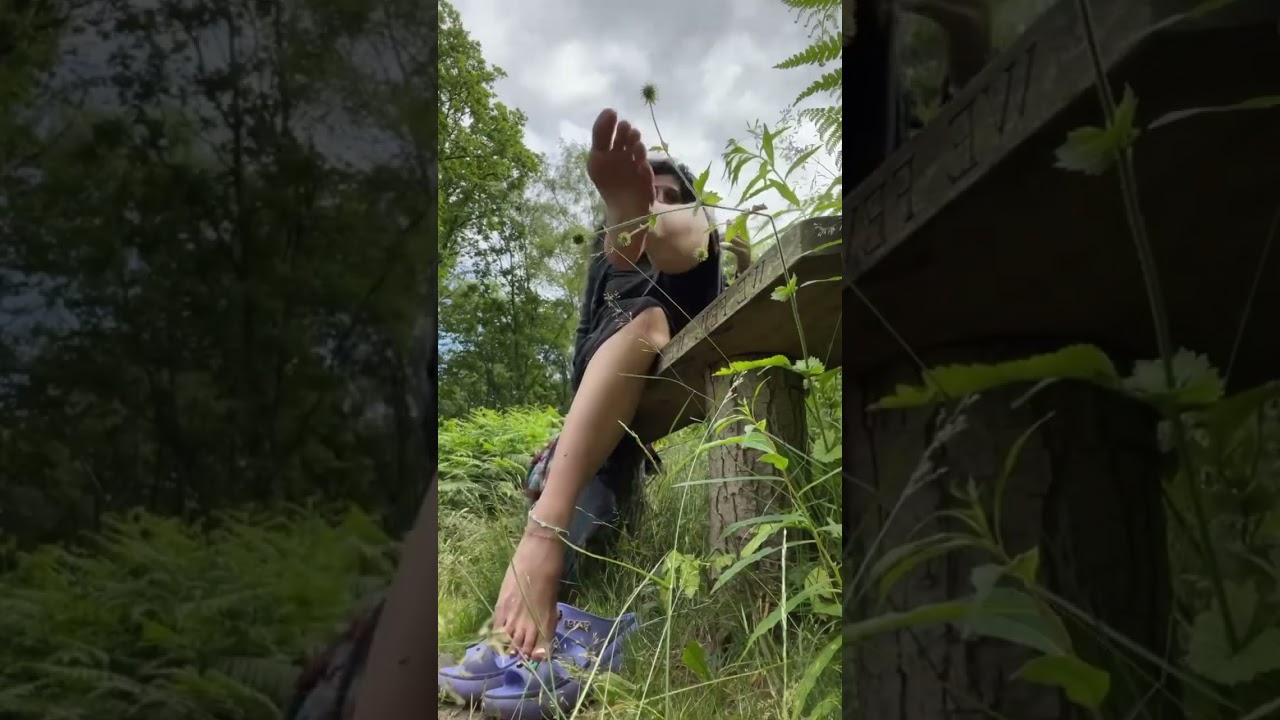 Soles and toes into the wild nature bench and foot stool