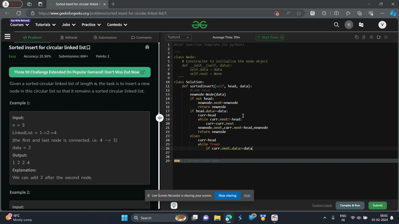 Sorted insert for circular linked list geeks for geeks problem of the day gfg potd python solution