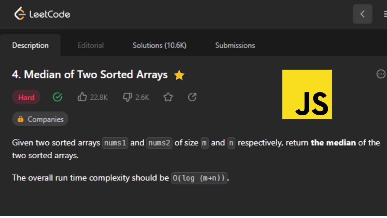 Median of Two Sorted Arrays | JavaScript | LeetCode