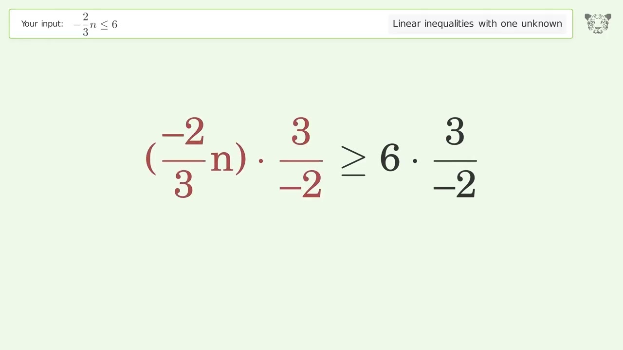 -2/3n less than or equal to 6 - Solve linear inequalities with one unknown