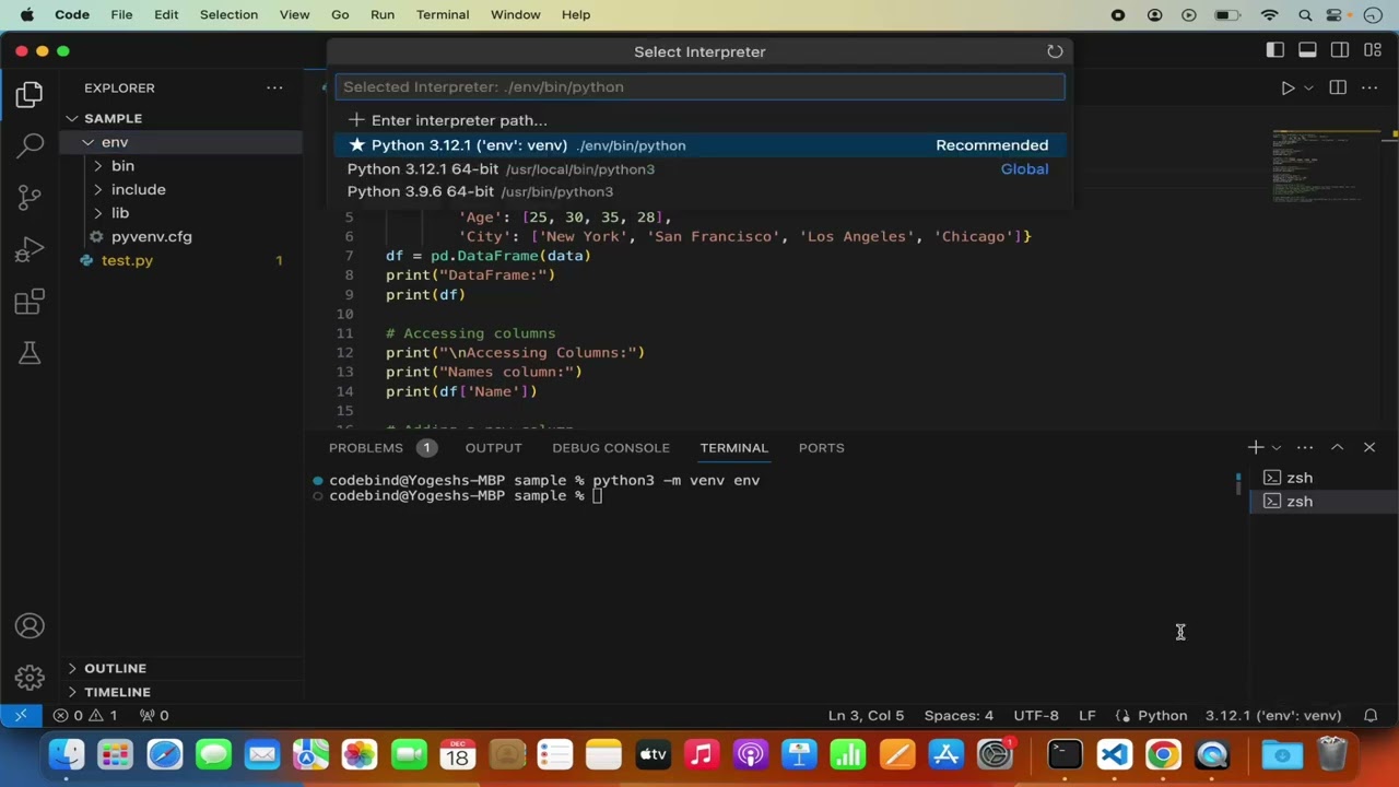 Panda Import Not Working in Python Using Visual Studio Code on Mac