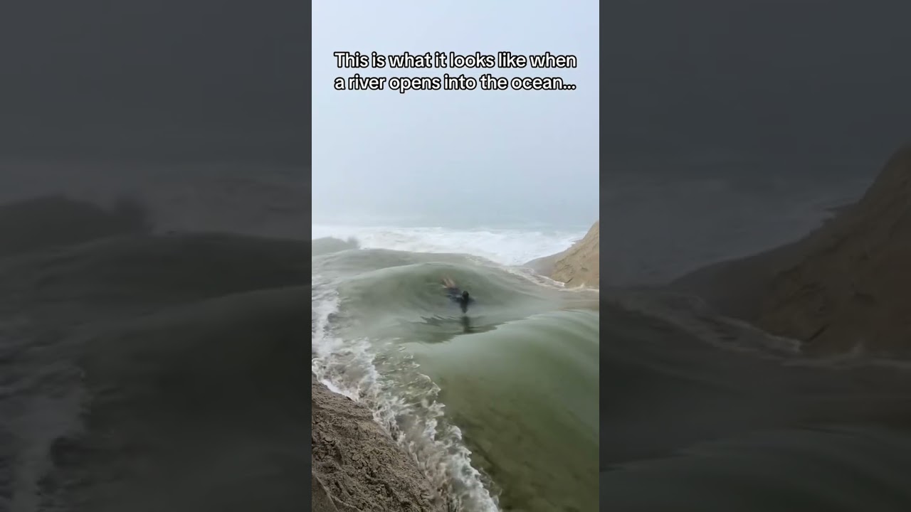 This is what happens when a river connects with the ocean 😳 #riverwave #ocean #beach #bigwaves