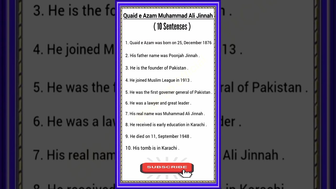 10 Lines on Quaid e Azam in English | Short Essay on Muhammad Ali Jinnah | English Essay for Kids