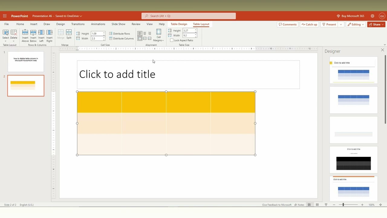 how to delete table column in Microsoft PowerPoint Web