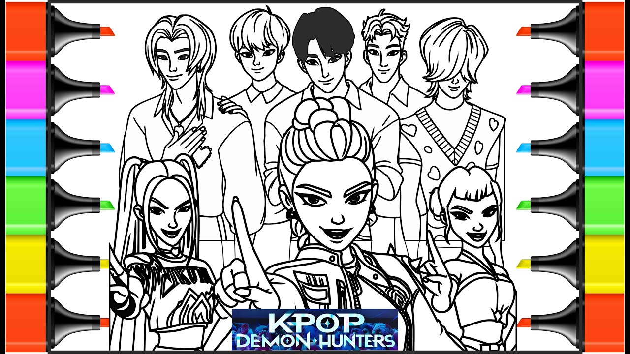 Nuove pagine da colorare dei cacciatori di demoni KPop / Ragazzi Hunrtix e Saja dei cacciatori di...