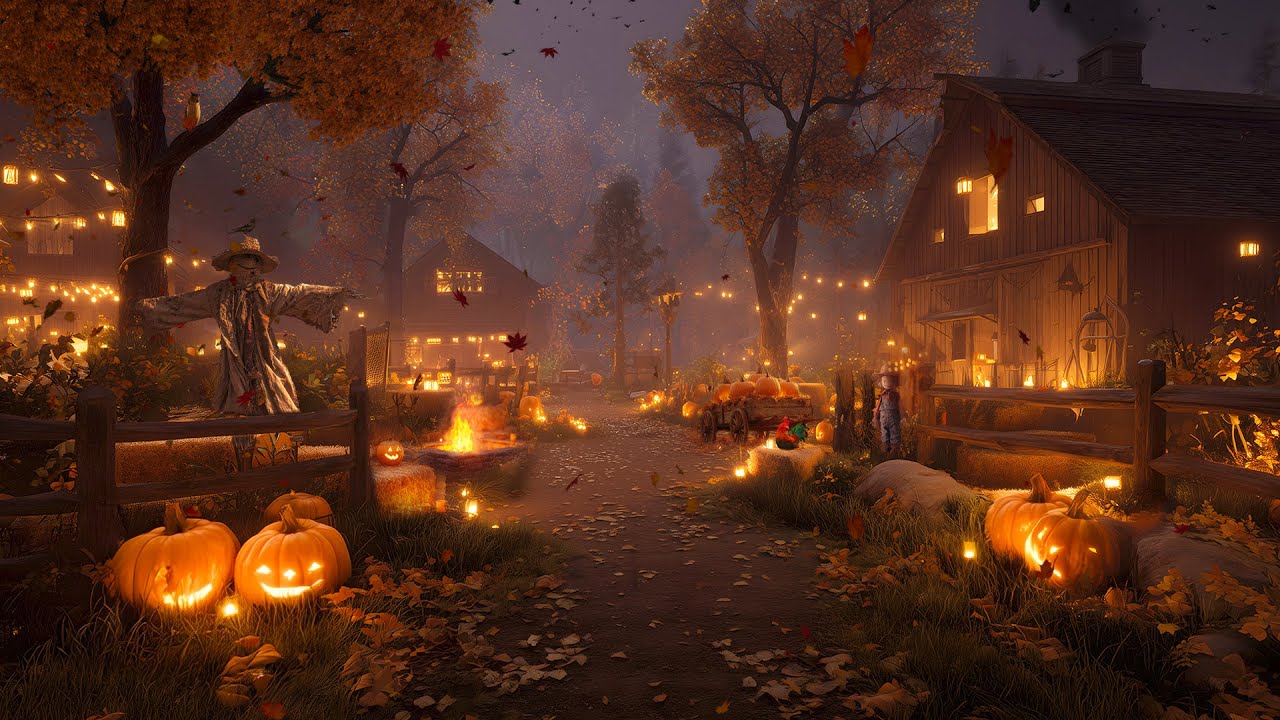 Cozy Halloween Farm at Night 🍁 Relaxing Fire Crackling, Fall Leaves, Night Sounds