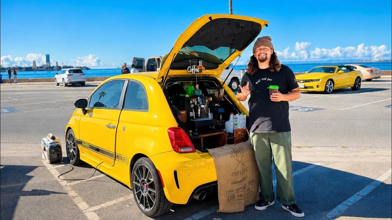 He Built a Coffee Shop Inside a Tiny Fiat 500 | Barista Life Long Beach California | Silent Vlog 4K