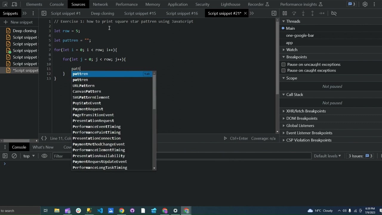 JavaScript square star pattern coding challenge