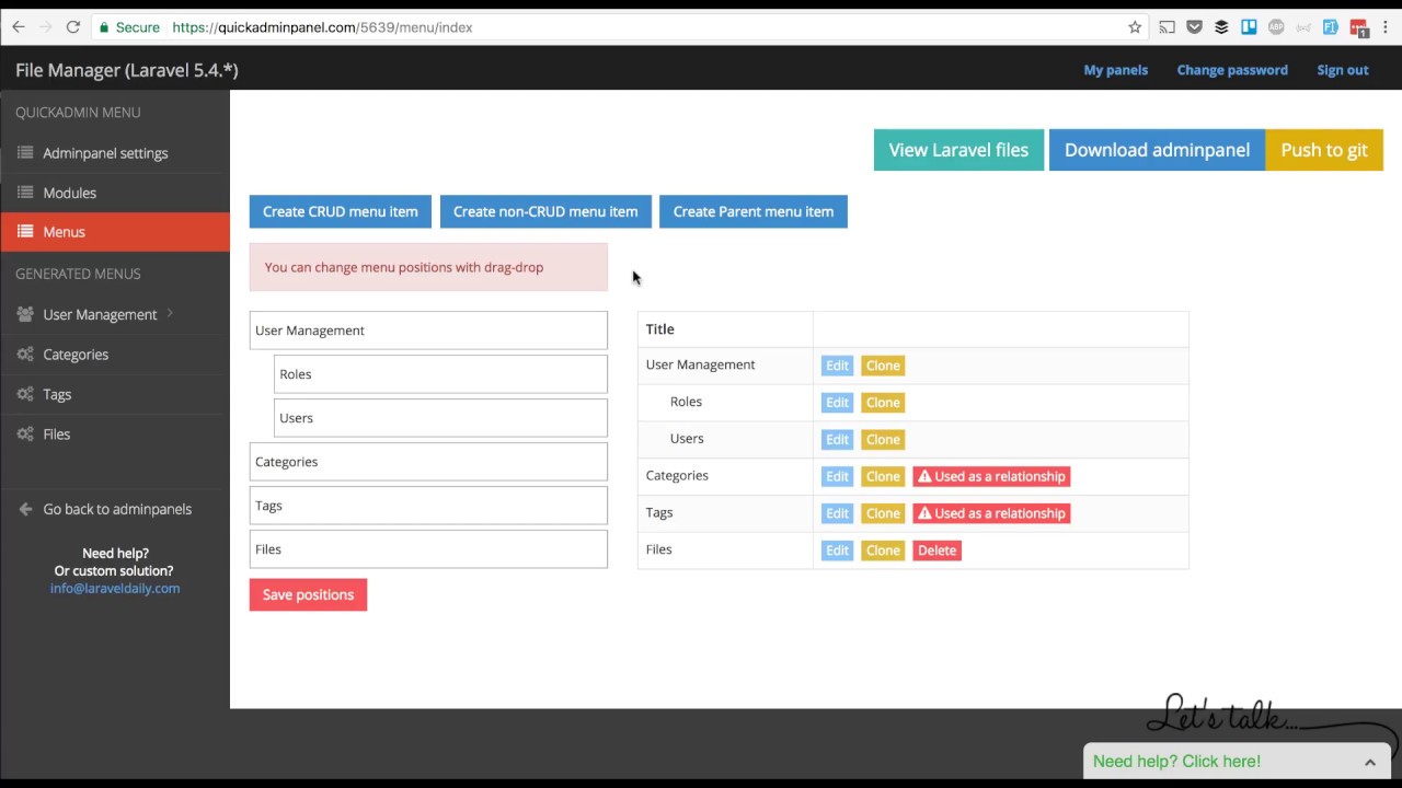 QuickAdminPanel Push to Git Demo