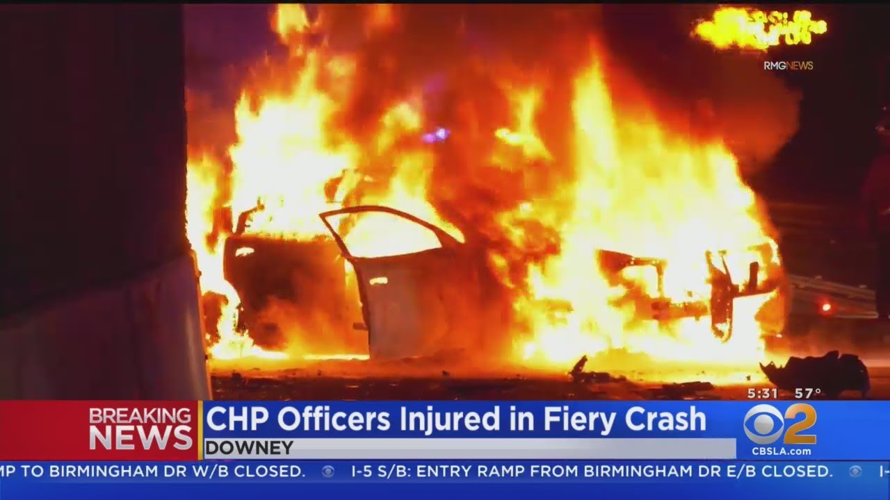3 CHP officers hurt in fiery wreck on 105 freeway in Downey