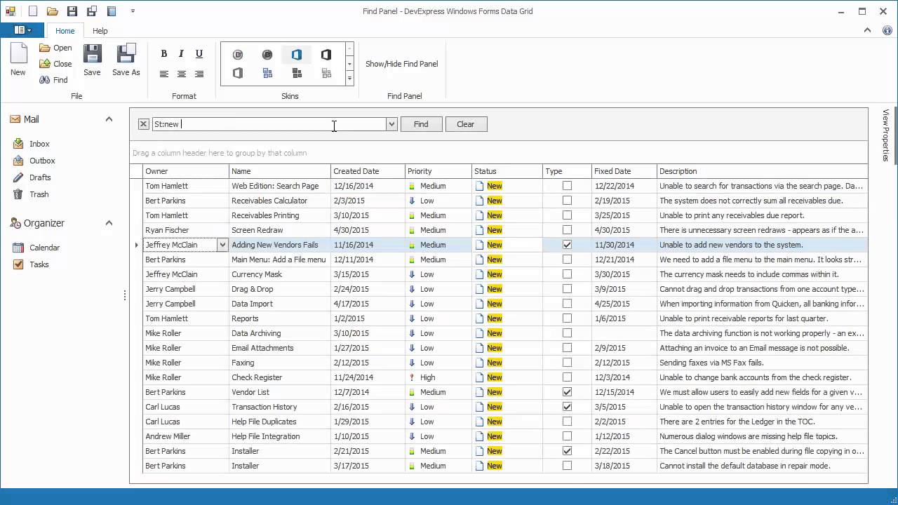 DevExpress WinForms Grid: Search/Find Panel