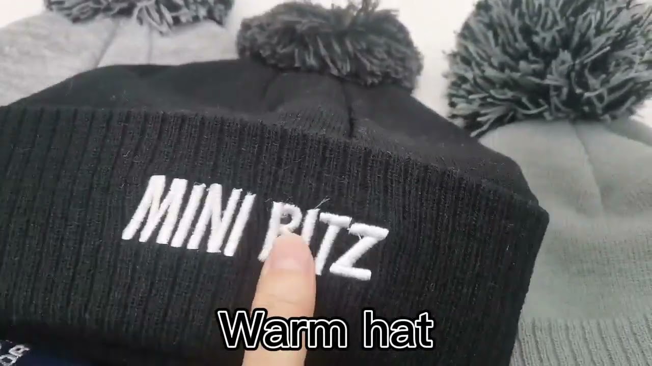 Winter Pom Pom Acrylic Knitted Beanie Embroidered Beanie Custom Logo Adult Beanie Hat
