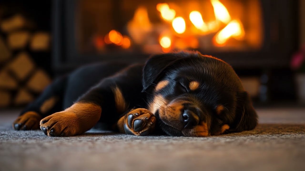 Cozy Fireplace with Sleeping Rottweiler Puppy 🐶🔥 | 10 Hours of Relaxing Crackling Fire Sounds