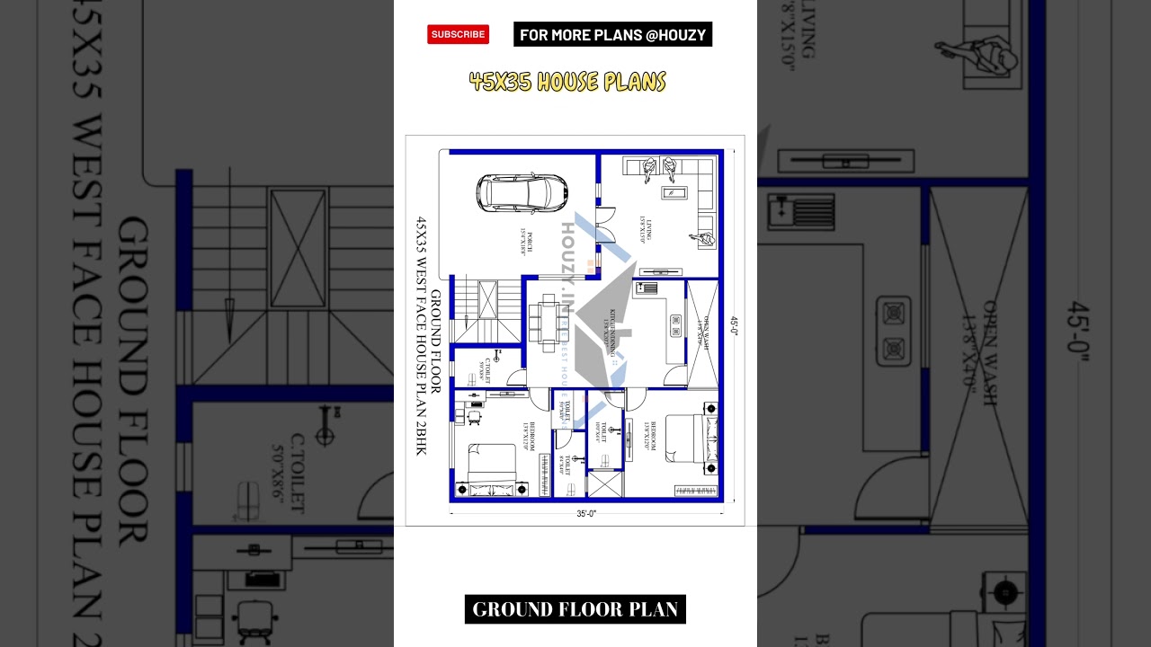 45X35 West Face House| 45X35 2D HOUSE PLAN #houzy #homedesign #home #housemap #westfacinghouse #2bhk