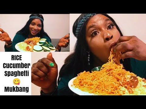 African Nigeria SPAGHETTI RICE TOMATO STEW CUCUMBER AND Goat meat+ chilled malt drink mukbang