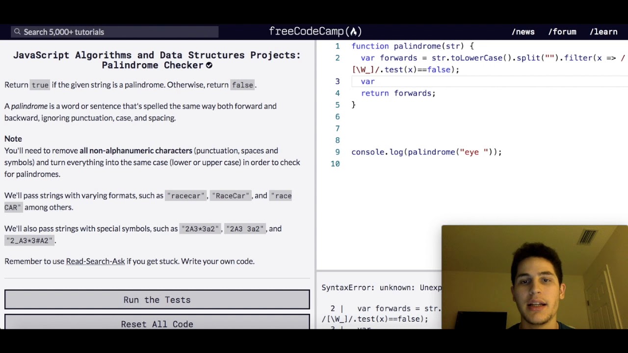 Javascript Algorithms and Data Structures Projects: Palindrome Checker