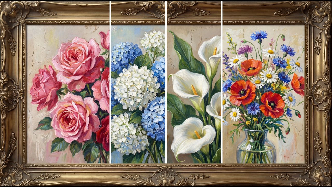 Pastel Elegant Flower Drawing | 2K Gold Framed Art Screensaver/Wallpaper