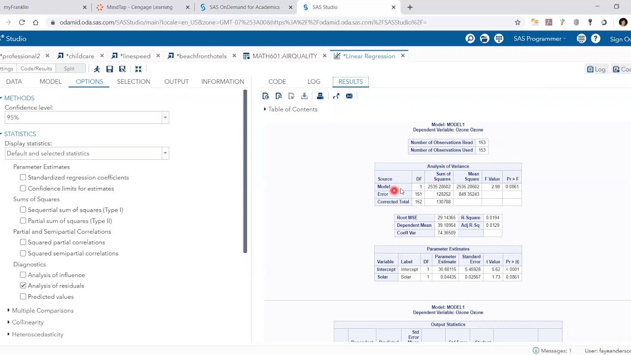Simple Linear Regression in SAS Studio