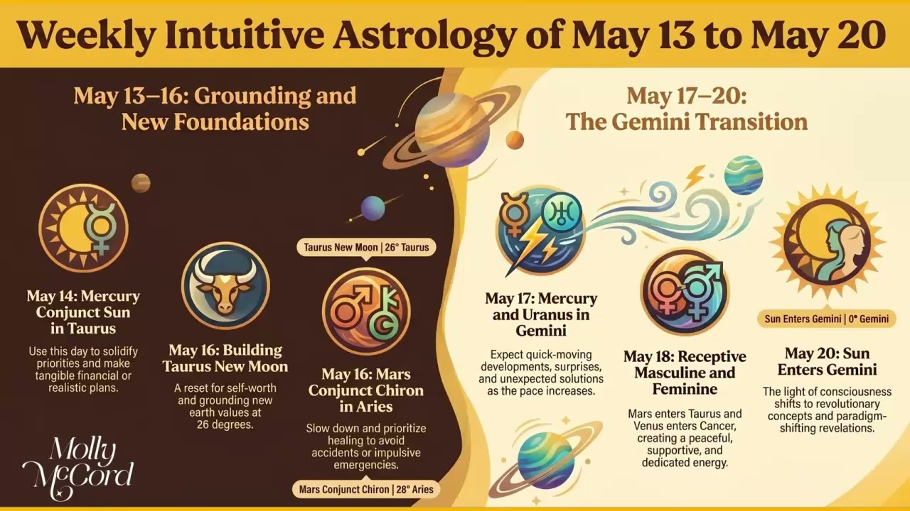 Weekly Intuitive Astrology May 13 to 20 ~ Taurus New Moon, Mars conj Chiron, Mercury in Gemini