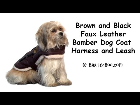 Brown and Black Faux Leather Bomber Dog Coat Harness and Leash