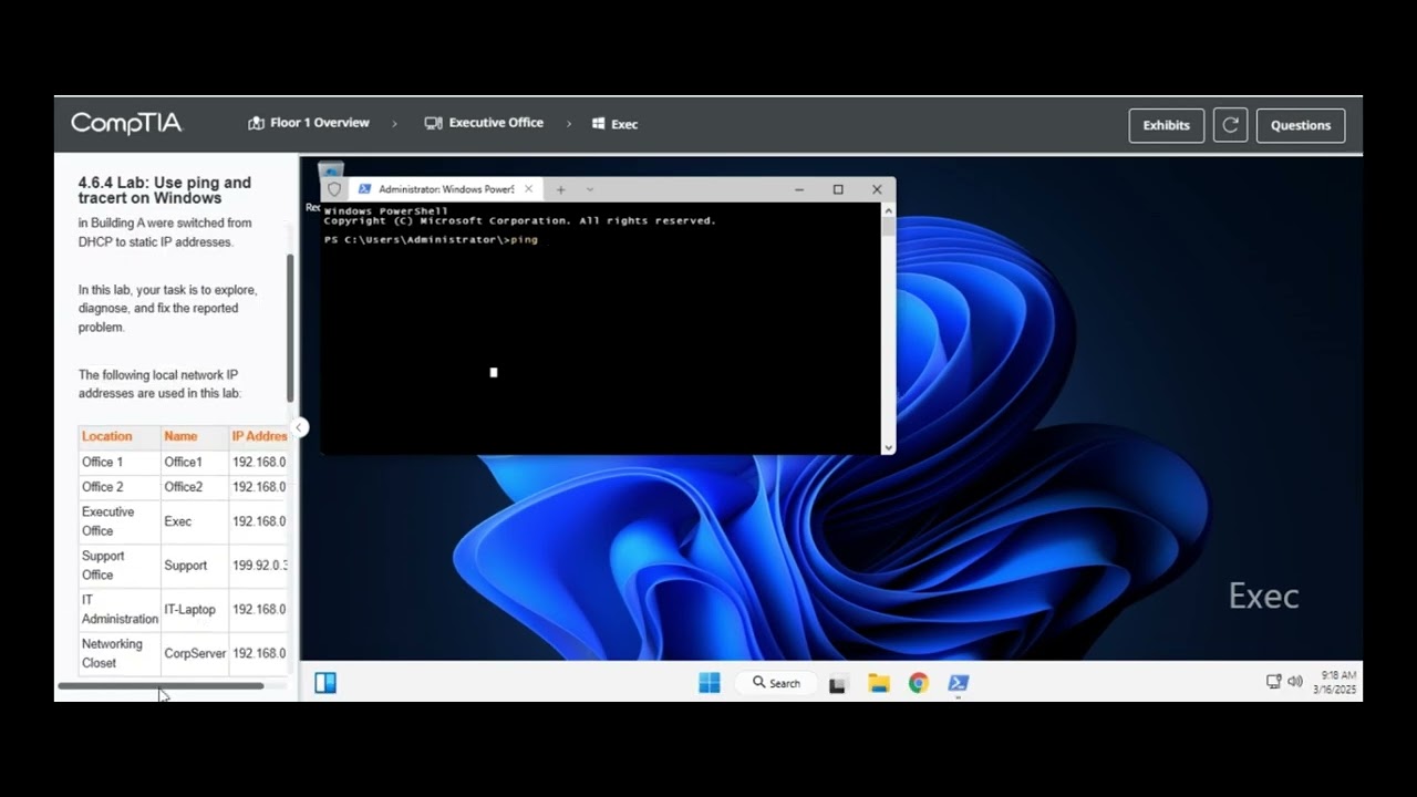 Testout | Network + | 4.6.4 Lab: Use ping and tracert on Windows
