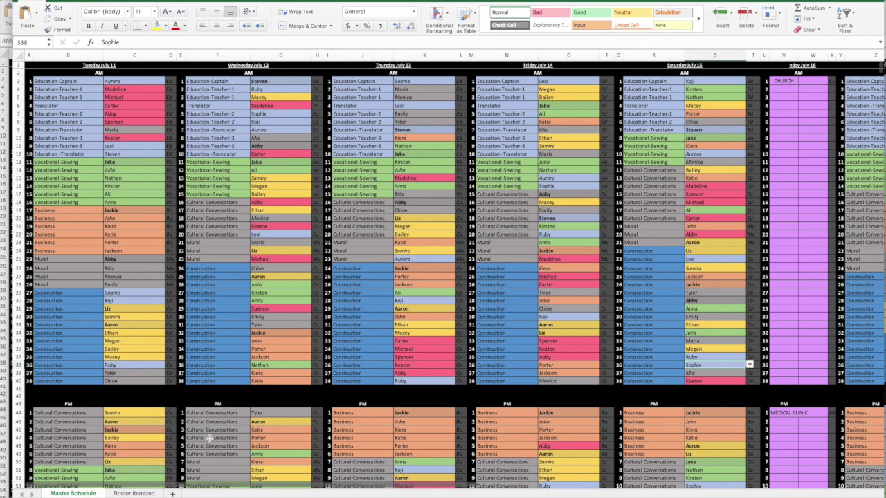 Master Schedule Spreadsheet