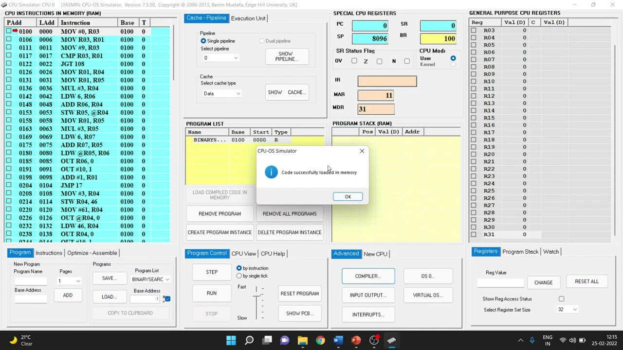 Loading a program into Memory in CPU Simulator