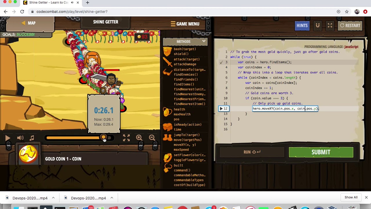 solutions for shine getter in code combat javascript