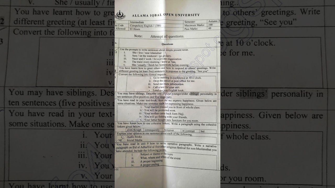 AIOU Intermediate Compulsory English‑I, Course Code 386, Autumn 2020 #aiou #exam #aiouassignment