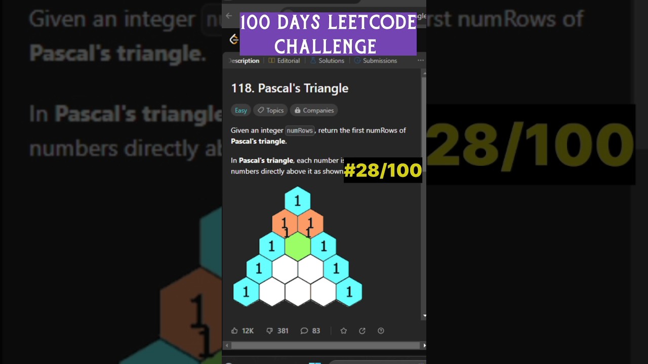 Day 28/100 Leetcode Challenge.  118. Pascal's Triangle #coding #leetcode #code