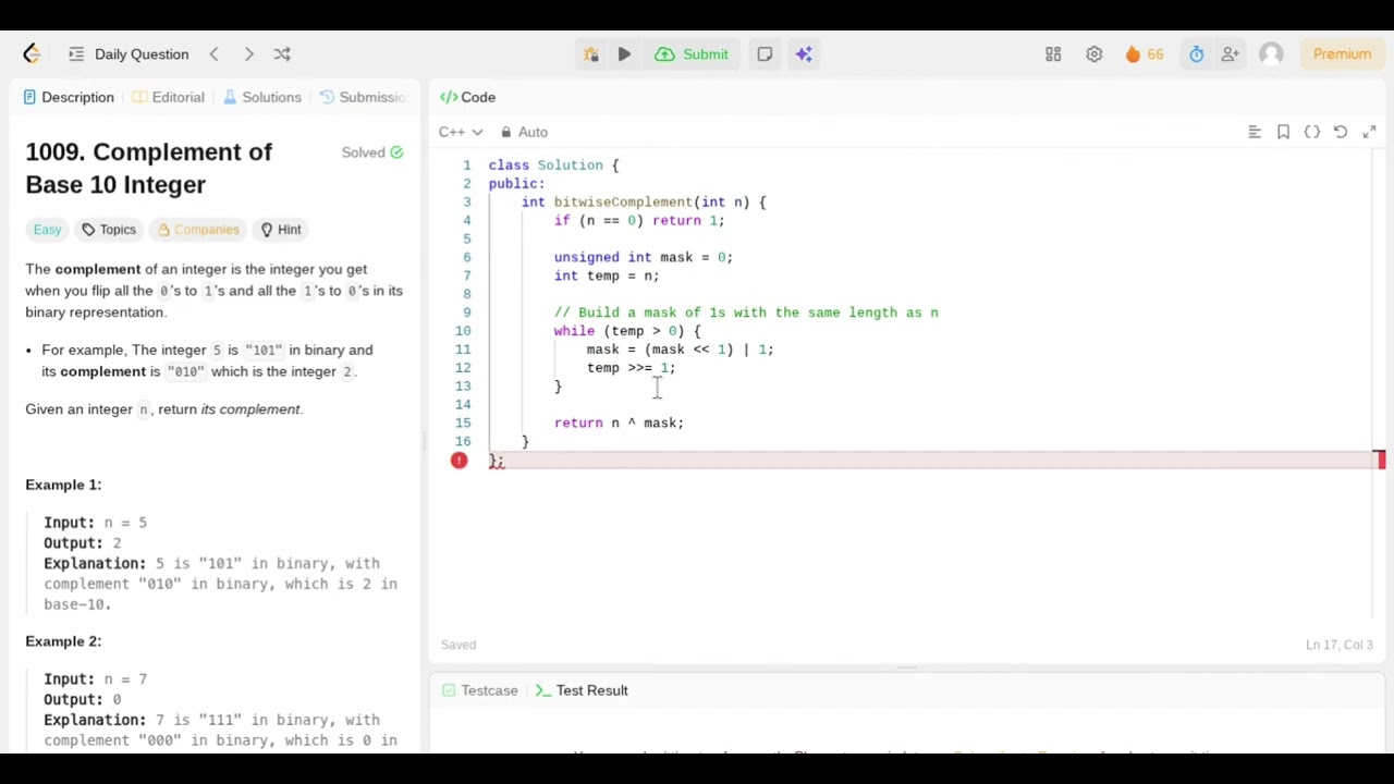 Daily leetcode problem 1009  in python c java javascript c++