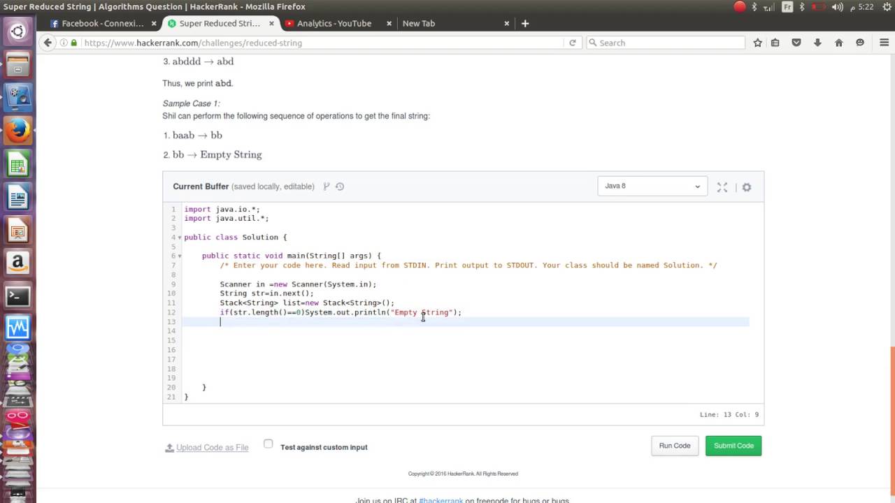 Super Reduced string java challenge hackerRank using a stack