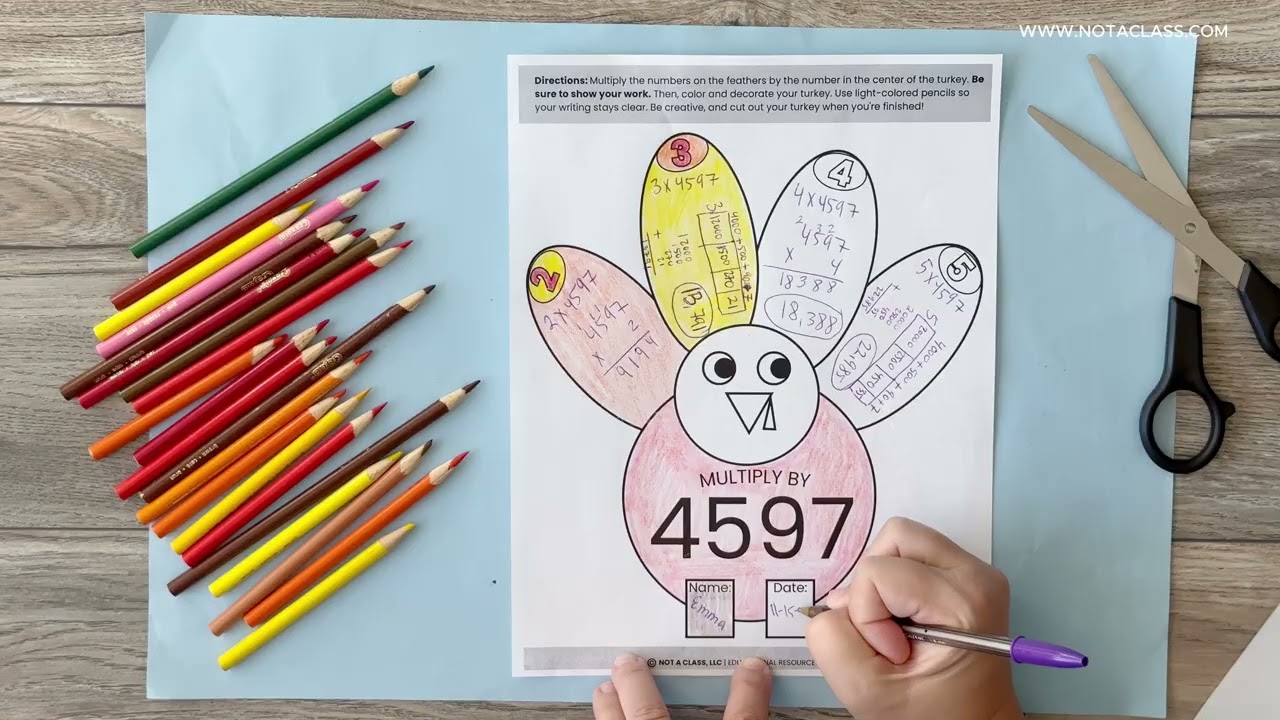 Thanksgiving Turkey Math Craft | 4th Grade Multiplication Practice Worksheets 1 Digit by 4 Digit