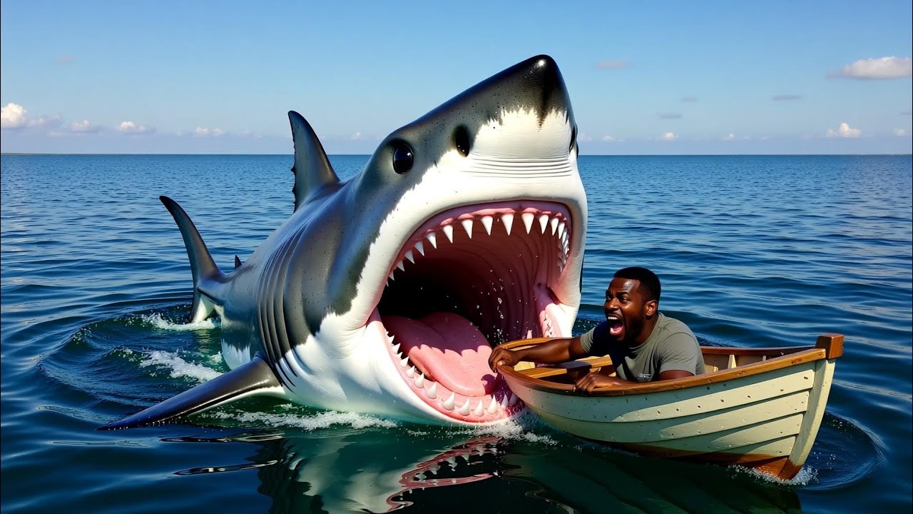 SHARK ATTACKS BOAT! Man Trapped Above Giant Shark’s Mouth 😱 | Realistic 8K Scene