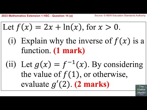 2023 Maths Extension 1 HSC Q14a Show f(x)=2x+ln(x) has an inverse function & evaluate its derivative