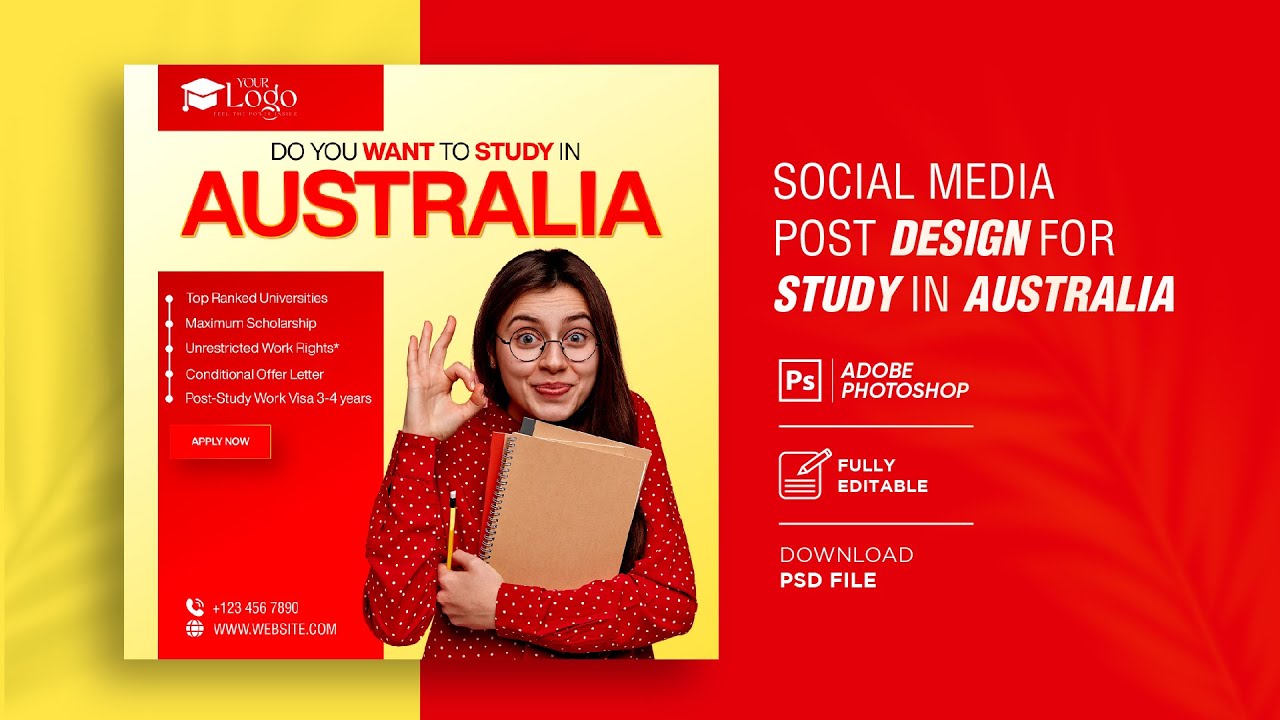Social Media Post Design for Study in Abroad | Australia Study | Photoshop tutorial