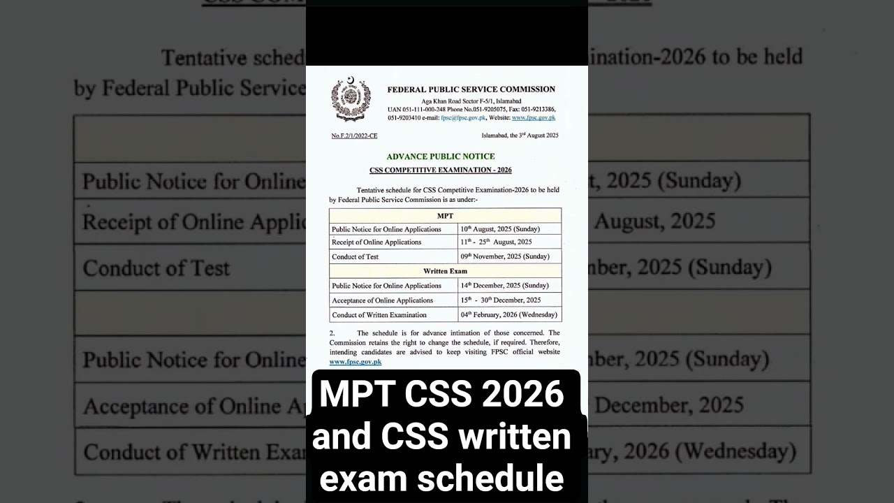 CSS 2026 date/ MPT CSS 2026 exam schedule #css2026 #css #cssexams #css2024