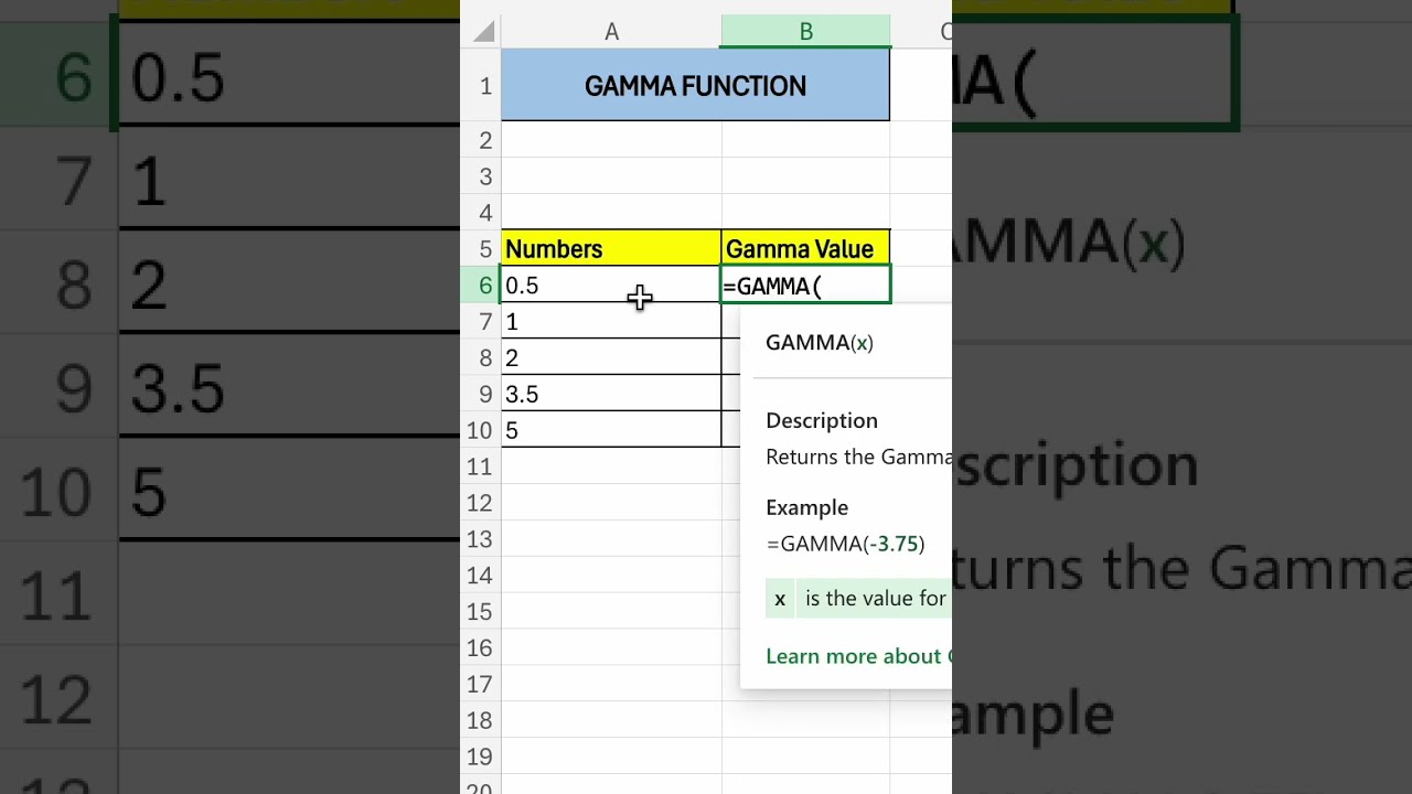 GAMMA Function In Excel | Convert Numbers Into Gamma In Excel #excelfunctions #learnexcel #gamma