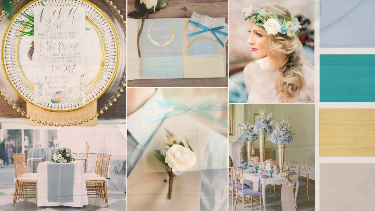 Dusty blue and gold fold pocket wedding invitations with glitter leaves