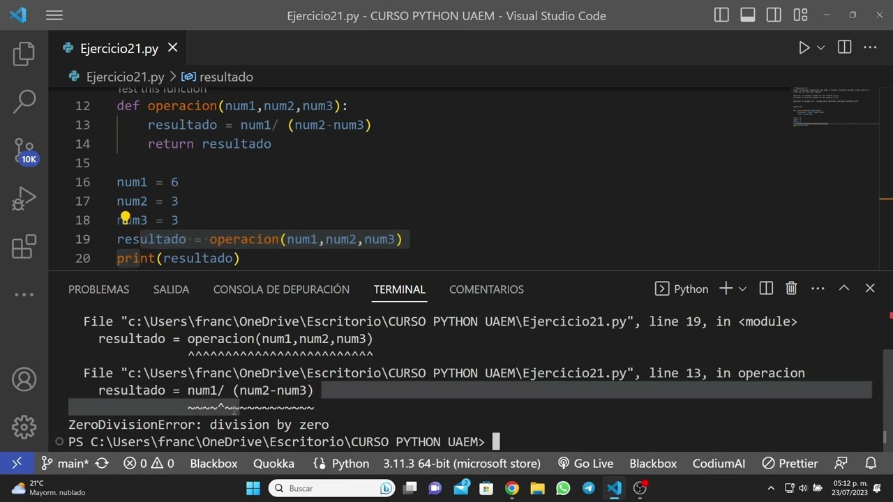 Ejercicio 21  Función de Operación Matemática con Try  Except