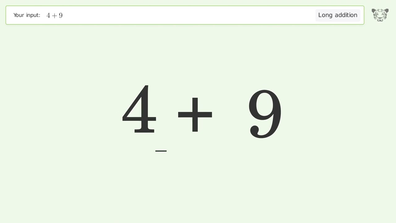 Long addition: Solve 4+9 step-by-step solution